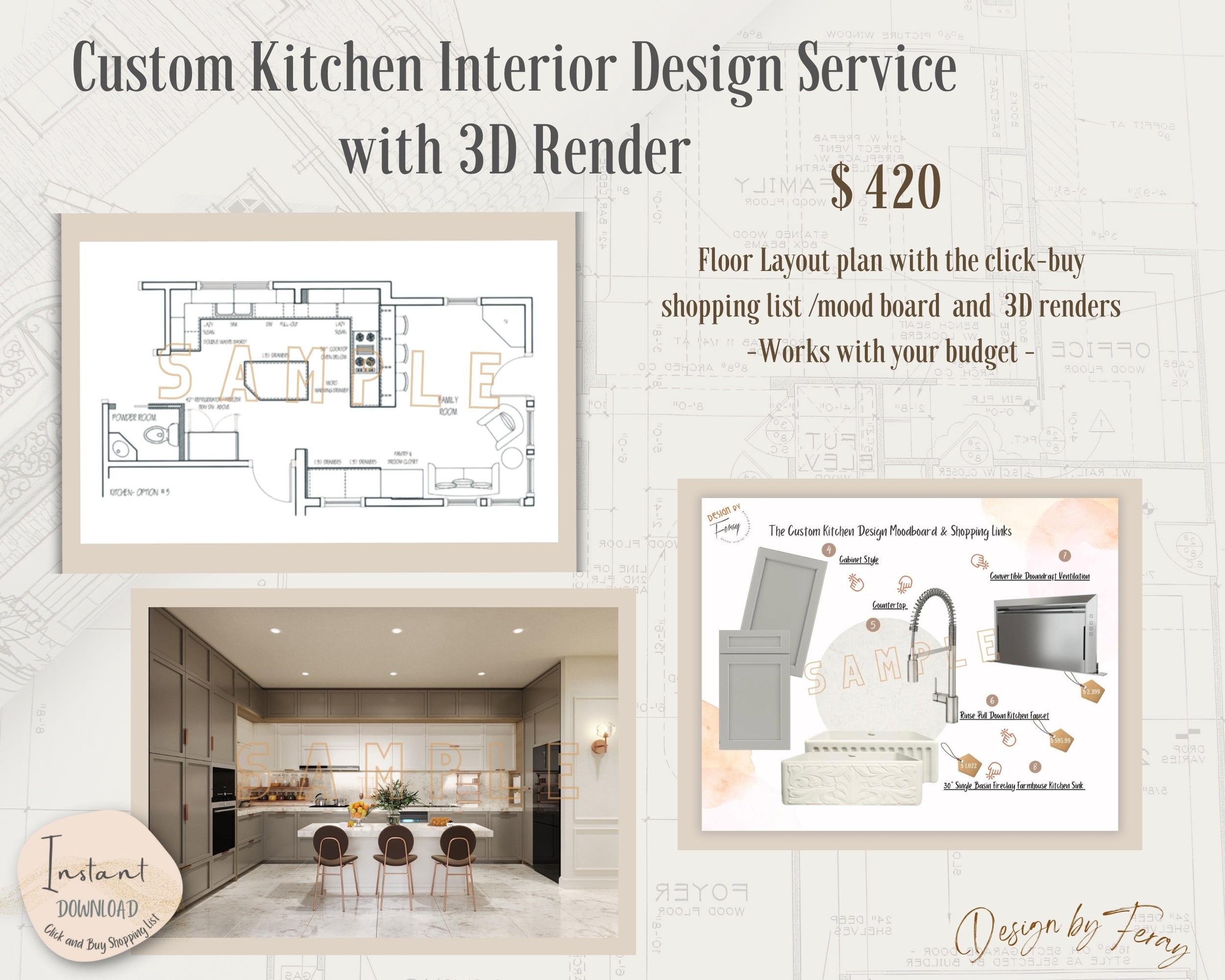 Custom Kitchen Combo Design, Cabinet Layout Floor Plan and 3D Visualiz ...
